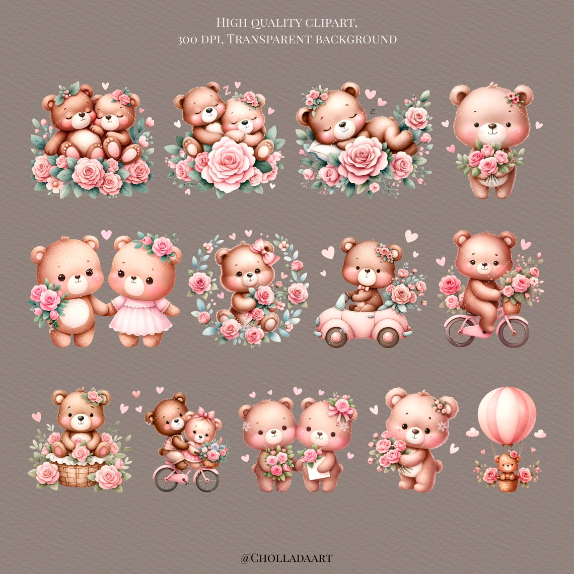 Teddy Bear Valentine Watercolor, Watercolor Bear Clipart, Couple Bear ...