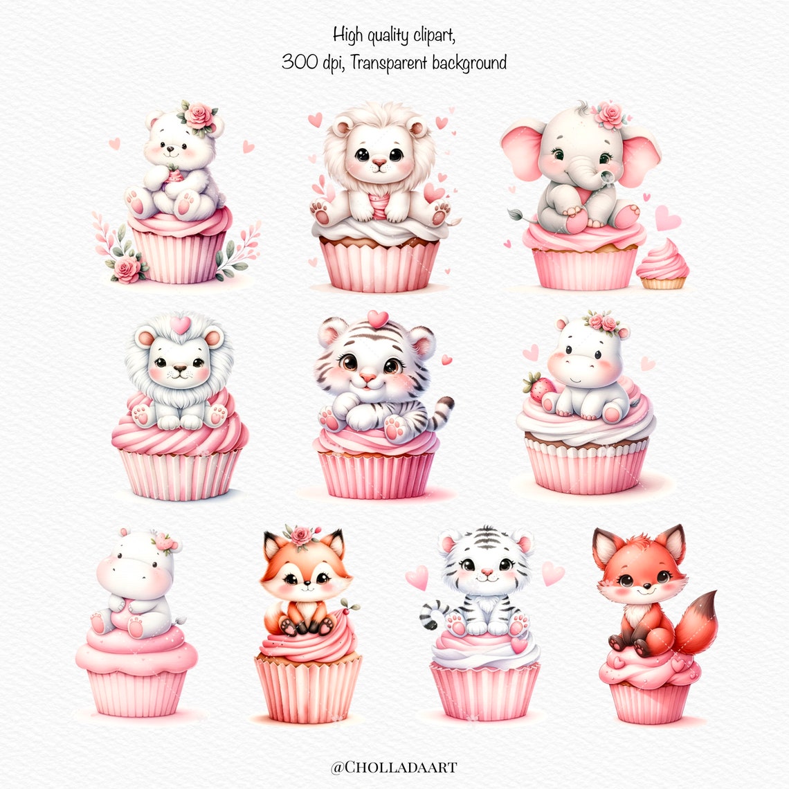 Valentines Animal Cupcakes Clipart, Cute Cupcakes Clipart Bundle ...