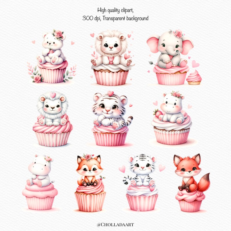 Valentines Animal Cupcakes Clipart, Cute Cupcakes Clipart Bundle ...