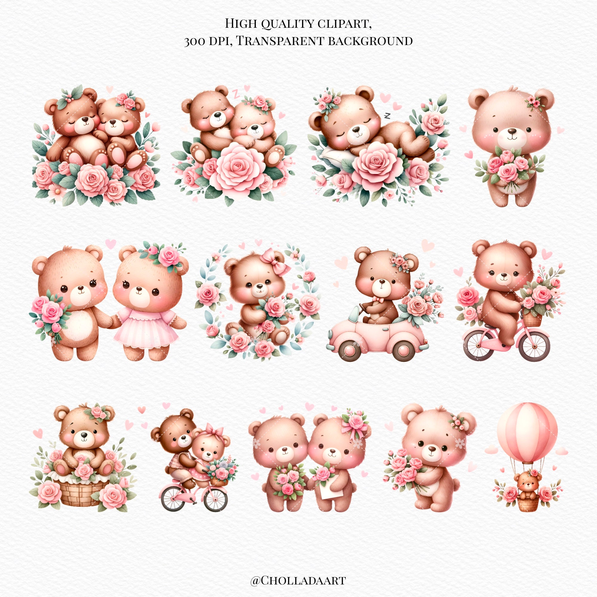 Teddy Bear Valentine Watercolor, Watercolor Bear Clipart, Couple Bear ...
