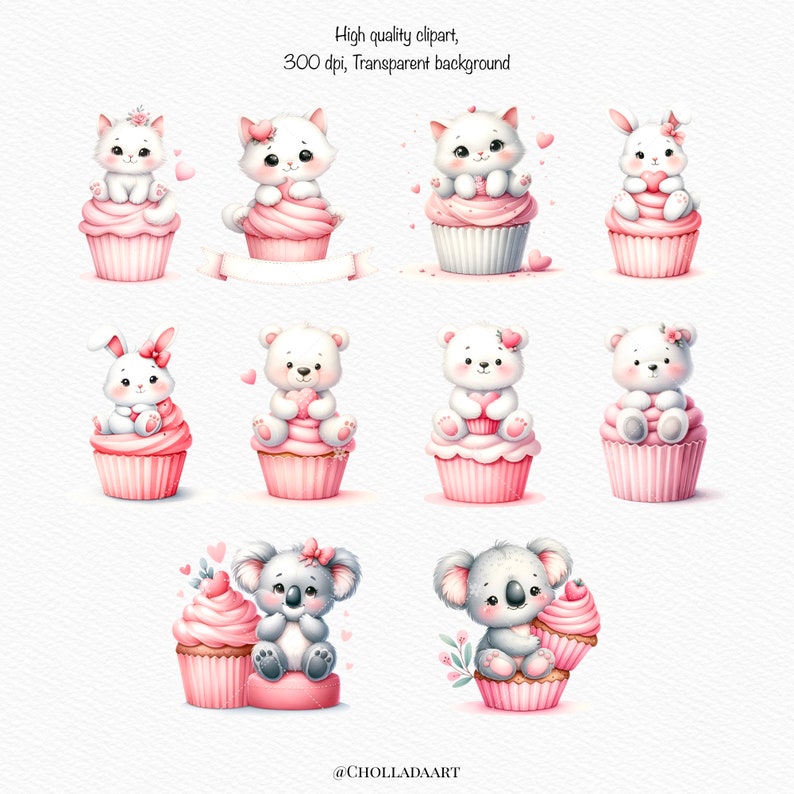 Valentines Animal Cupcakes Clipart, Cute Cupcakes Clipart Bundle ...