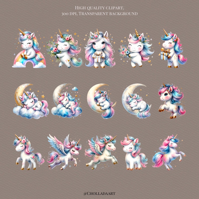 Unicorns Birthday Clipart, Cute Unicorns Clipart, Unicorn Watercolor ...