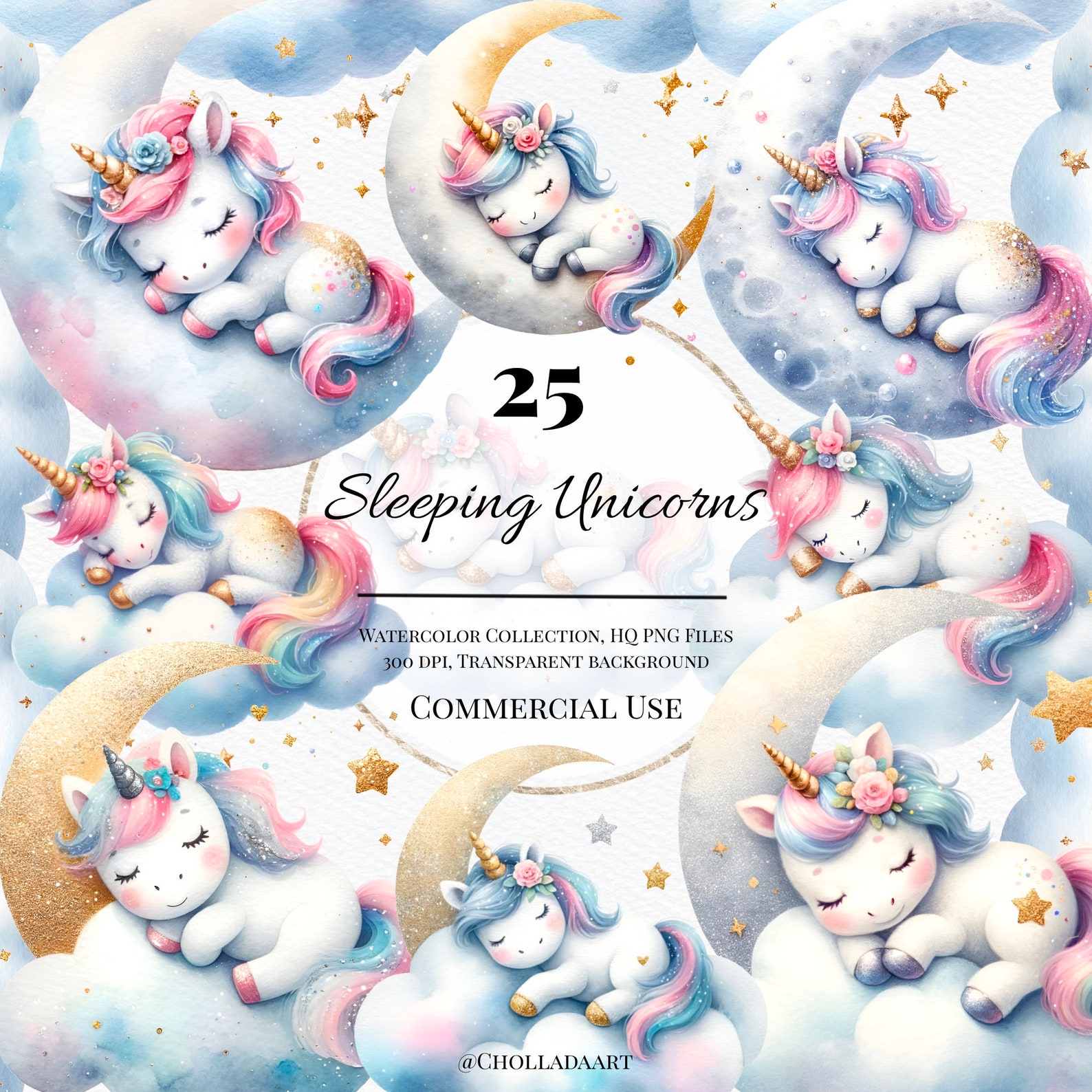 Watercolor Sleepy Unicorn Clipart, Sleepy Unicorn Clipart, Cute Unicorn ...
