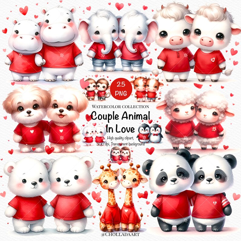 Valentines Clipart, Couple Animal Clipart, Watercolor Valentines Animal ...