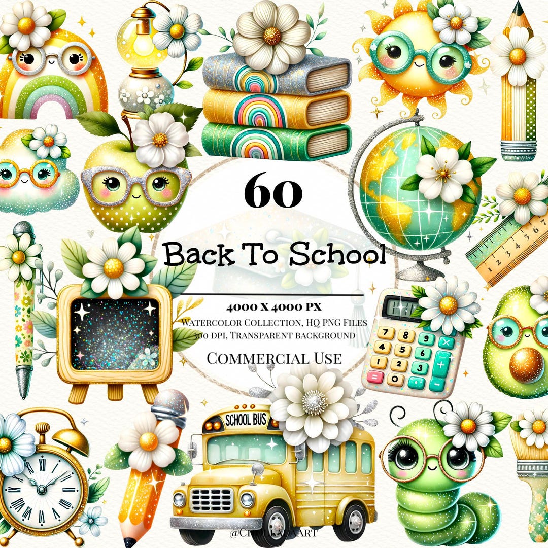 Watercolor Back to School Clipart, Groovy School Clipart, Groovy Back ...