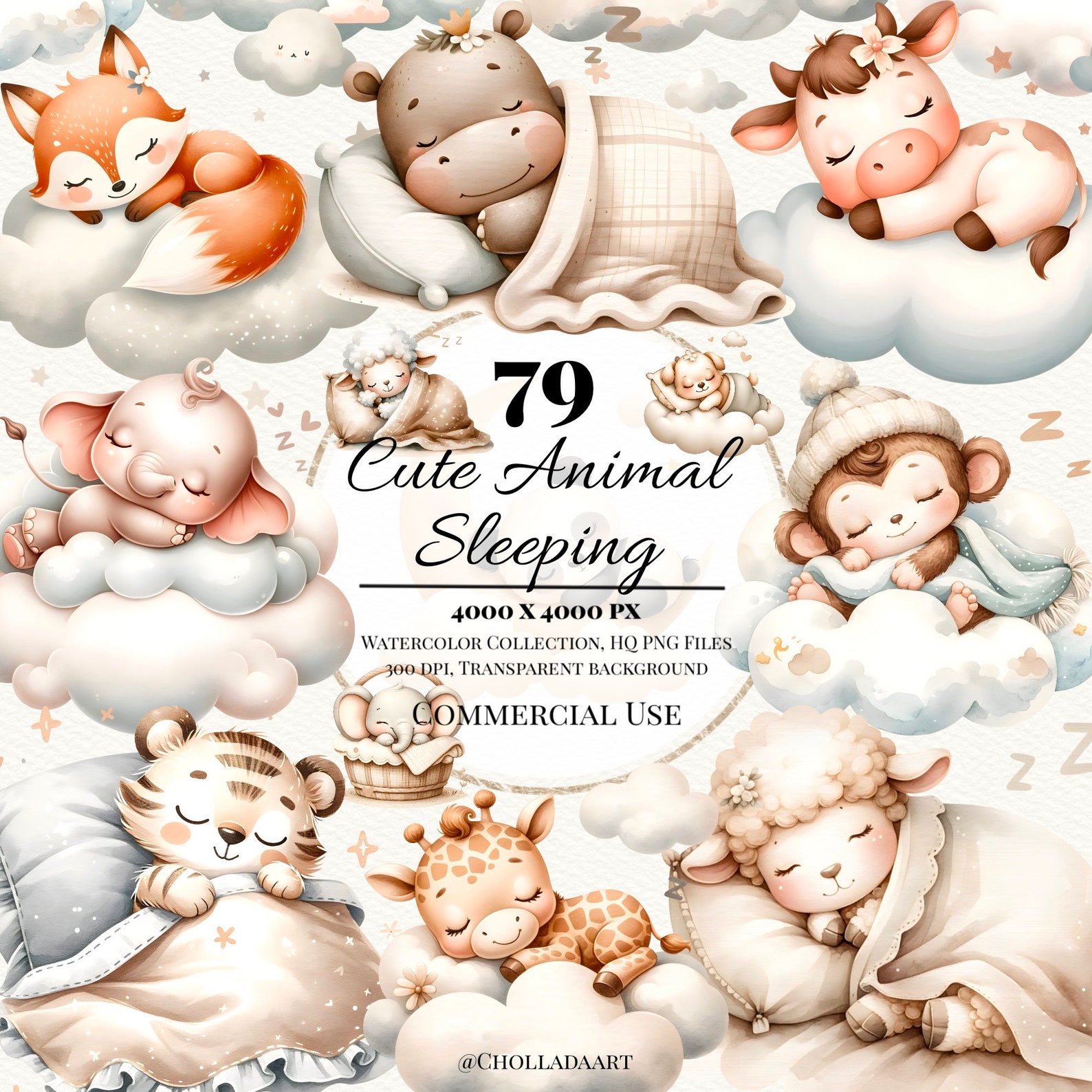 Watercolor Sleeping Animals Clipart, Sleeping Animals PNG, Sleepy ...