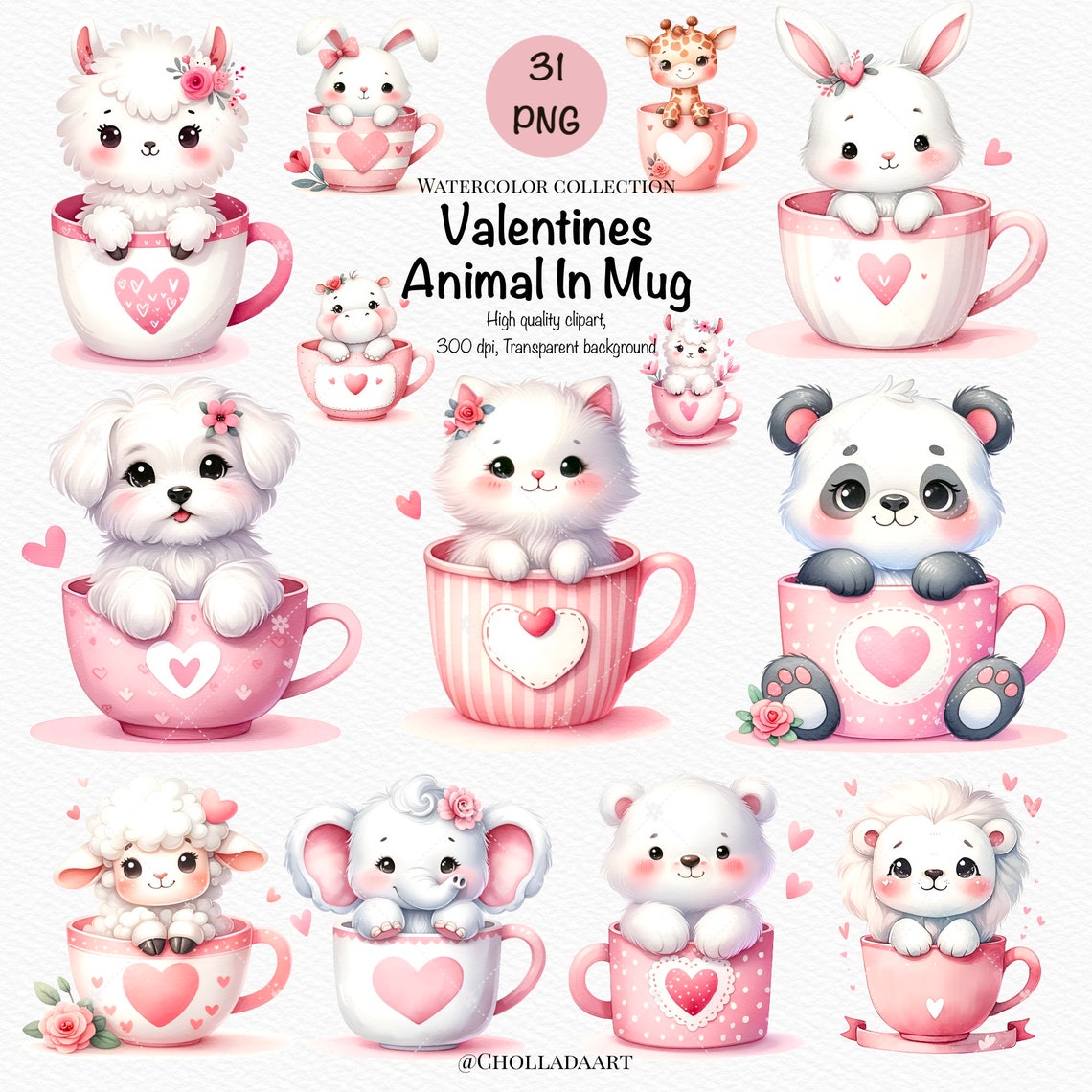 Valentines Animal in a Mug Clipart, Animal Valentines Watercolor, Cute ...