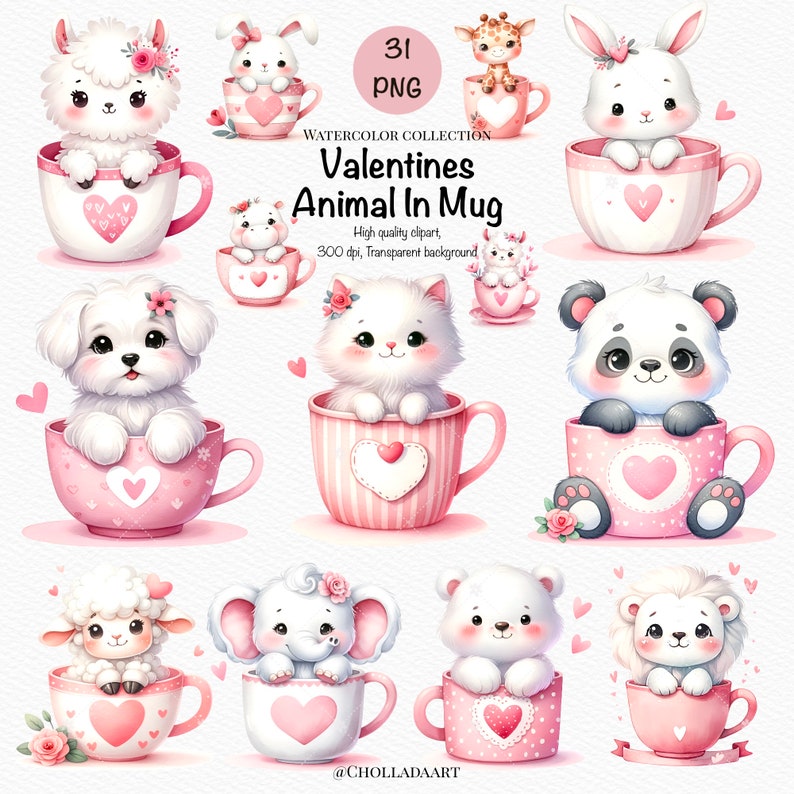 Valentines Animal in a Mug Clipart, Animal Valentines Watercolor, Cute ...