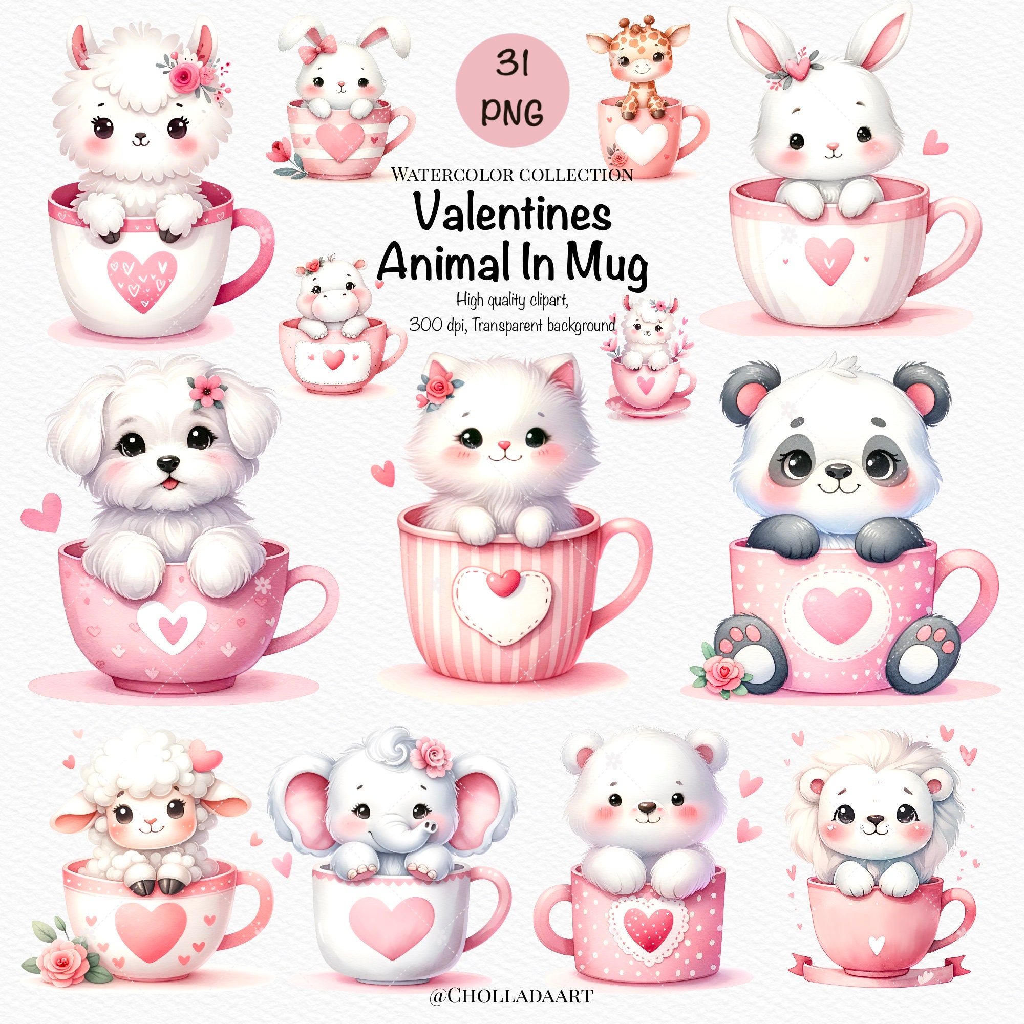 Valentines Animal in a Mug Clipart, Animal Valentines Watercolor, Cute ...