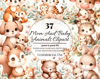 Woodland Animal Moms Clipart, Watercolor Mom and Baby Animals Clipart ...