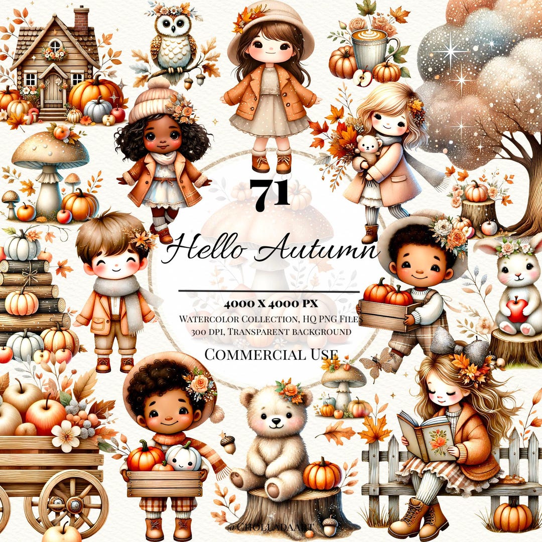 Watercolor Hello Autumn Clipart, Watercolor Autumn Clipart, Autumn ...