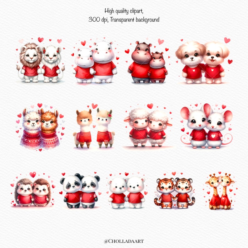 Valentines Clipart, Couple Animal Clipart, Watercolor Valentines Animal ...