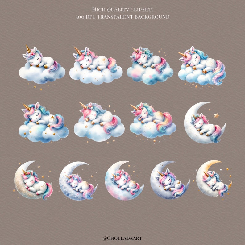 Watercolor Sleepy Unicorn Clipart, Sleepy Unicorn Clipart, Cute Unicorn ...