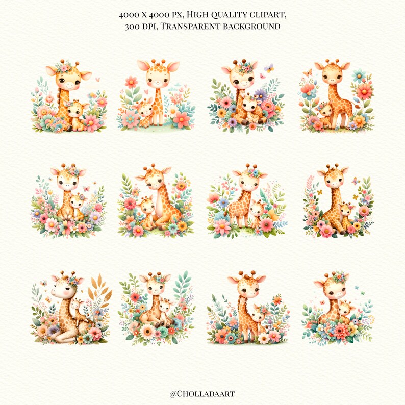 Watercolor Mother and Baby Giraffe Clipart, Giraffe Clipart, Baby ...