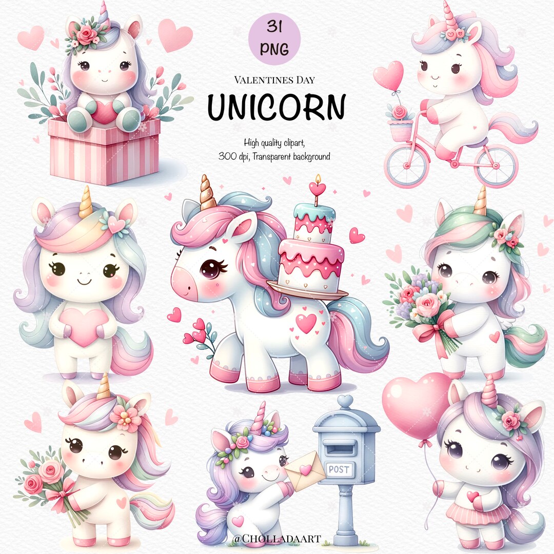 Unicorn Valentines Clipart, Cute Unicorn Clipart, Watercolor Valentines ...