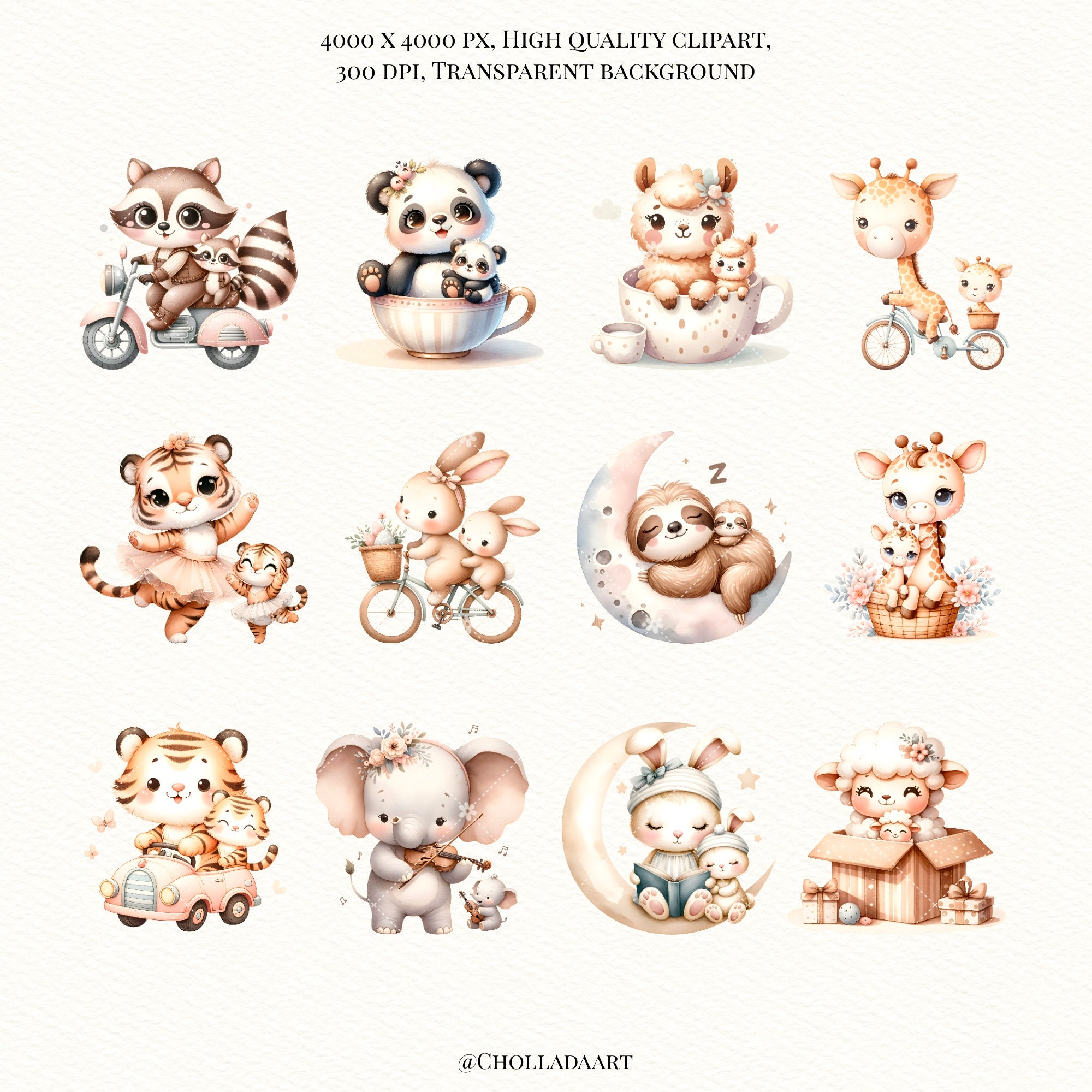Watercolor Mother and Baby Animals Clipart, Animal PNG, Mother's Day ...
