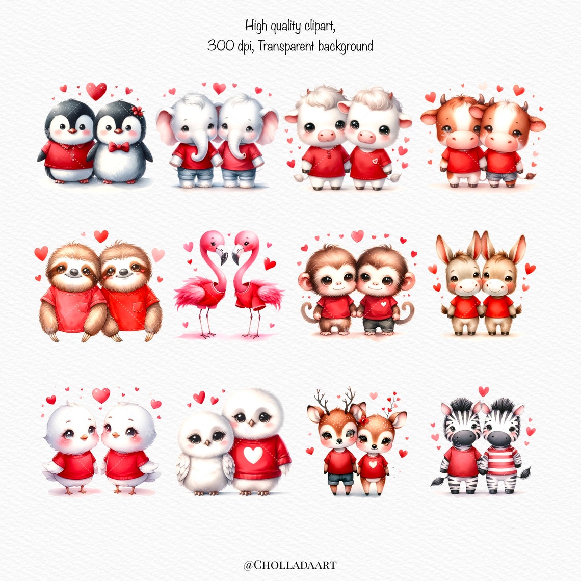 Valentines Clipart, Couple Animal Clipart, Watercolor Valentines Animal ...