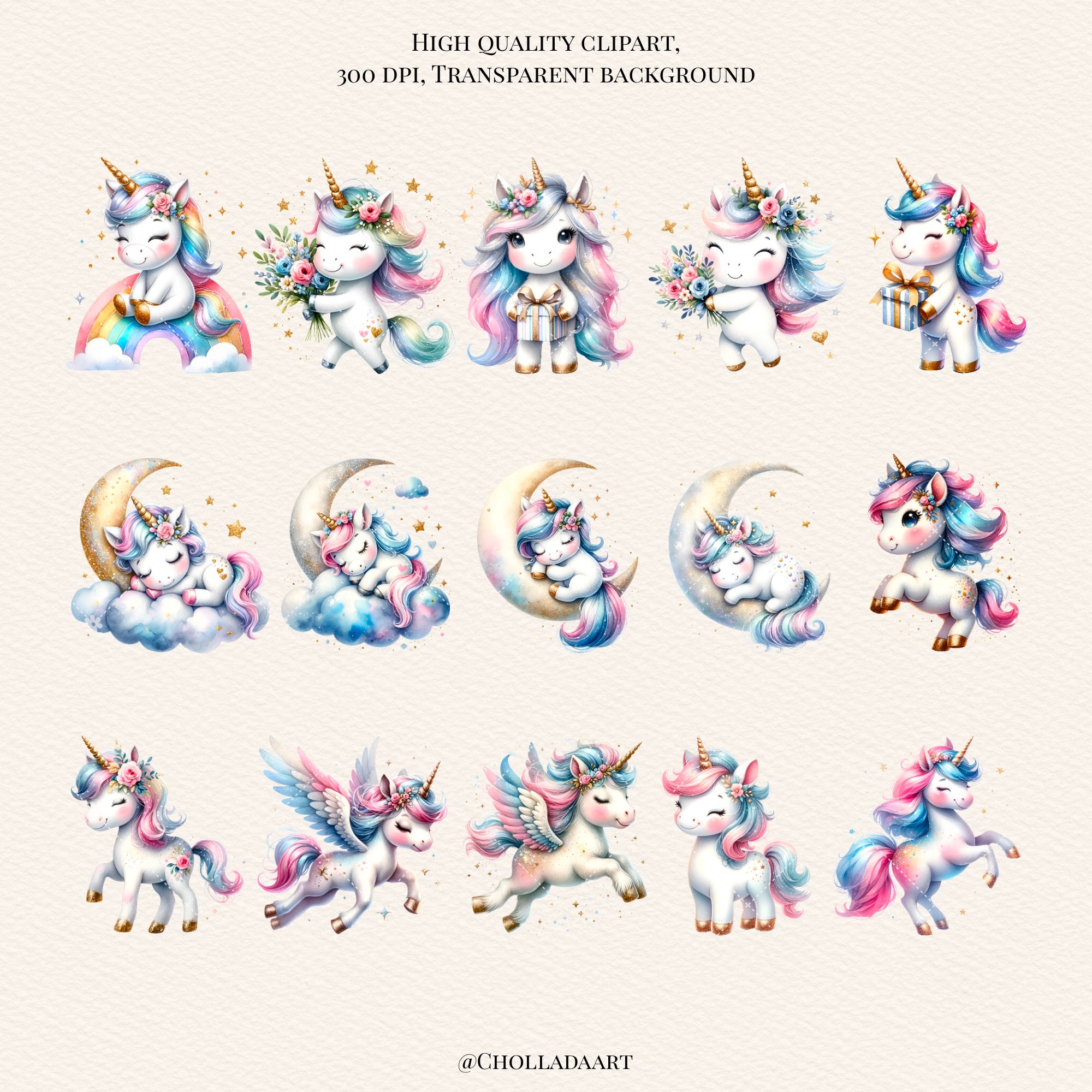 Unicorns Birthday Clipart, Cute Unicorns Clipart, Unicorn Watercolor ...