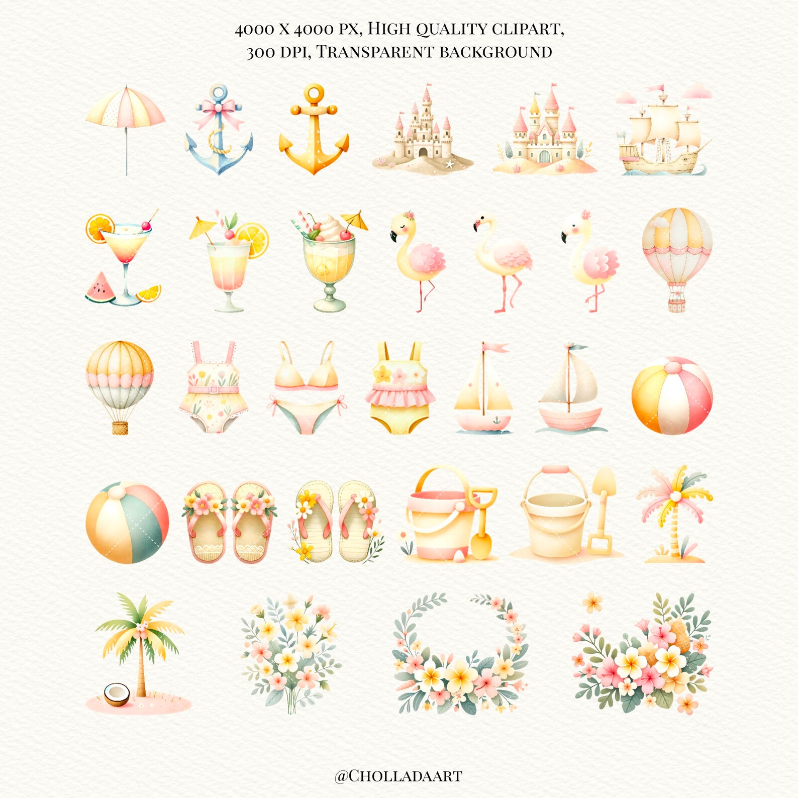 Watercolor Hello Summer Clipart, Watercolor Summer Clipart, Summer ...