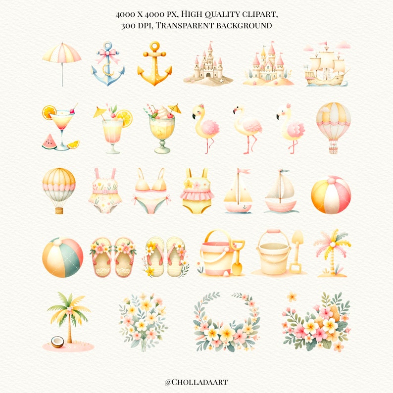 Watercolor Hello Summer Clipart, Watercolor Summer Clipart, Summer ...