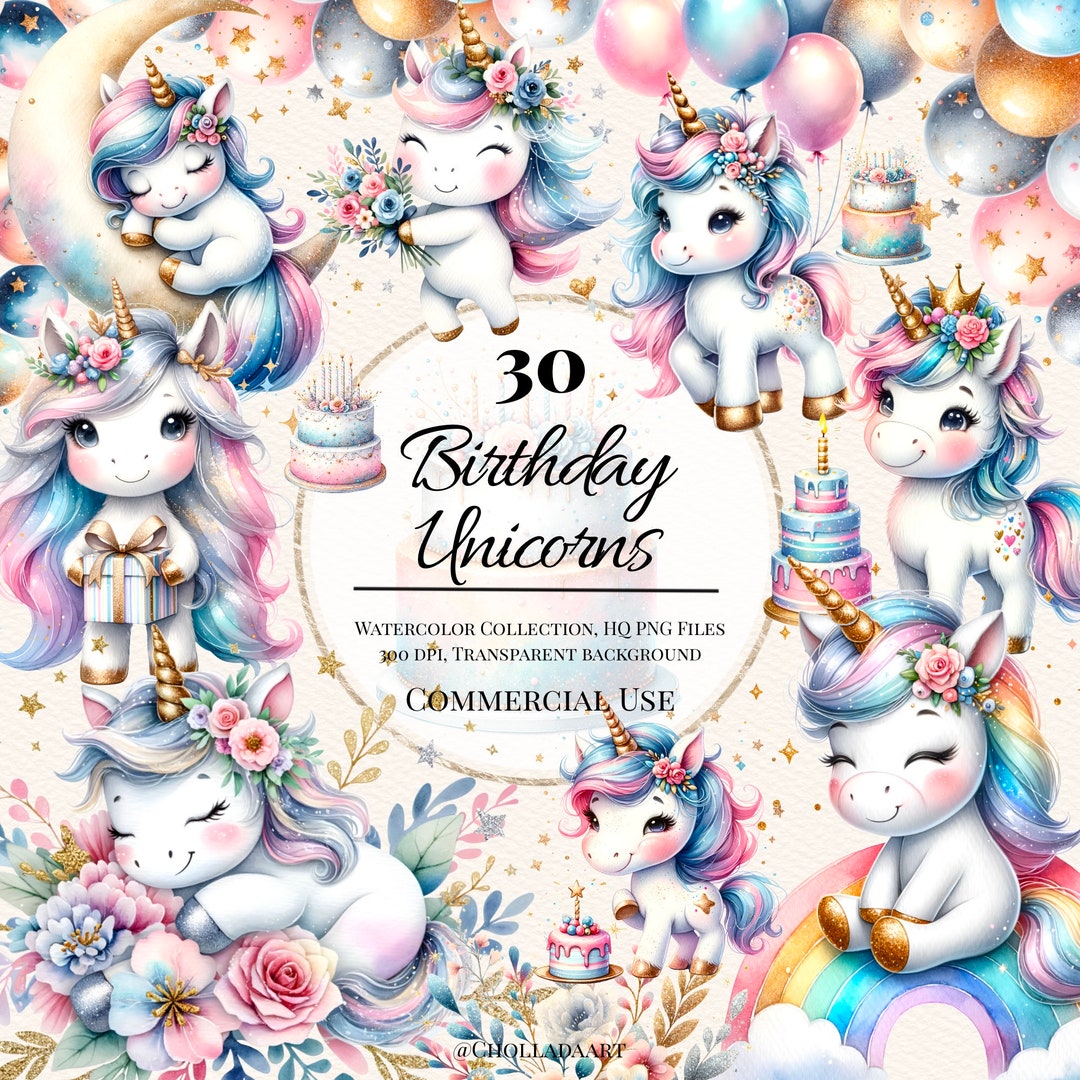 Unicorns Birthday Clipart, Cute Unicorns Clipart, Unicorn Watercolor ...
