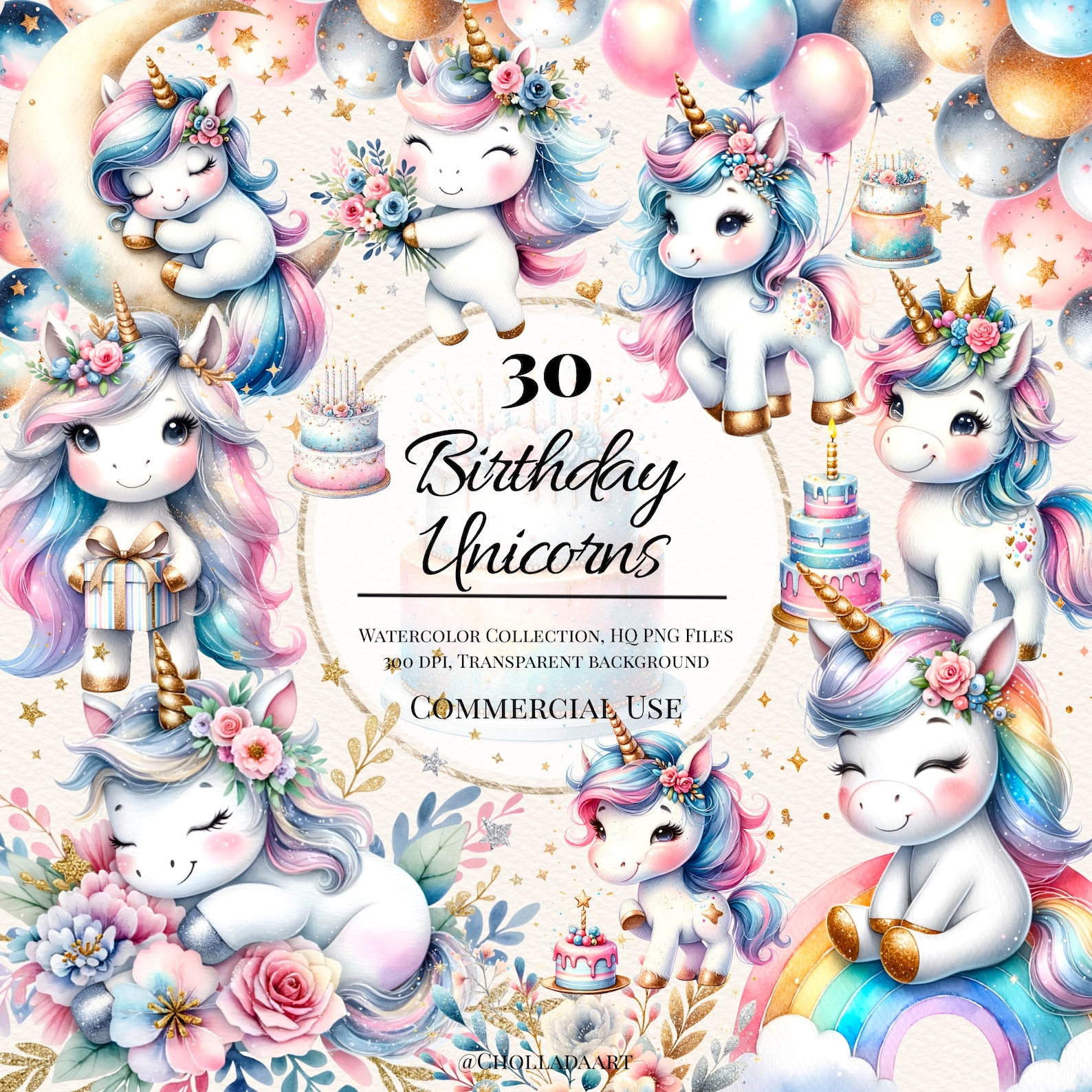 Unicorns Birthday Clipart, Cute Unicorns Clipart, Unicorn Watercolor ...