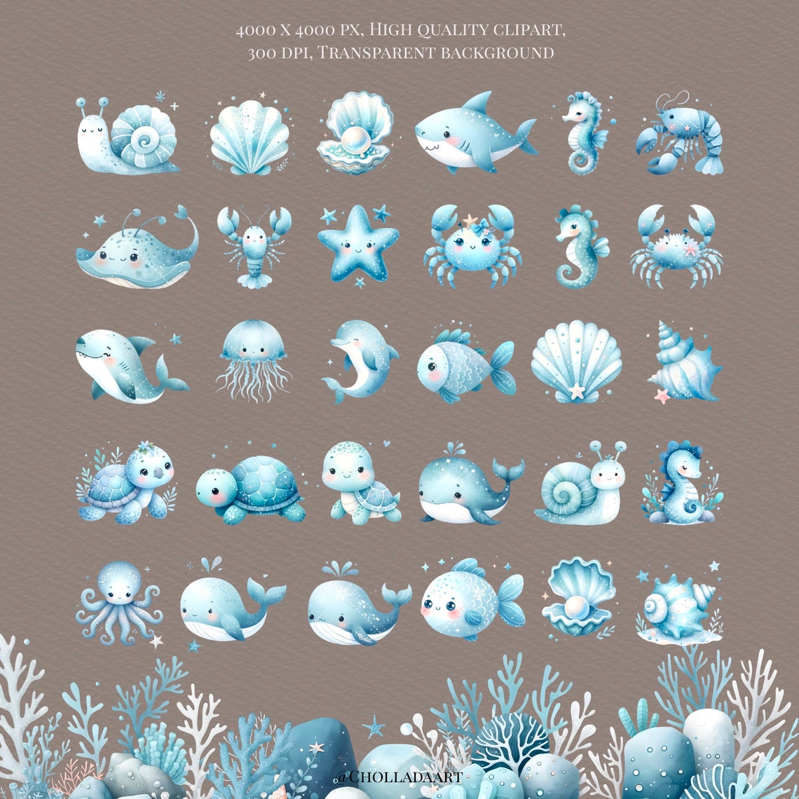 Under the Sea Clipart, Little Sea Animals Clipart, Undersea Watercolor ...