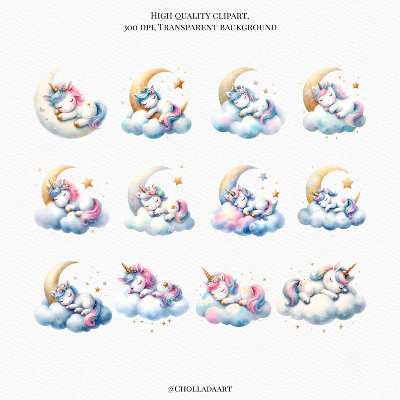 Watercolor Sleepy Unicorn Clipart, Sleepy Unicorn Clipart, Cute Unicorn ...