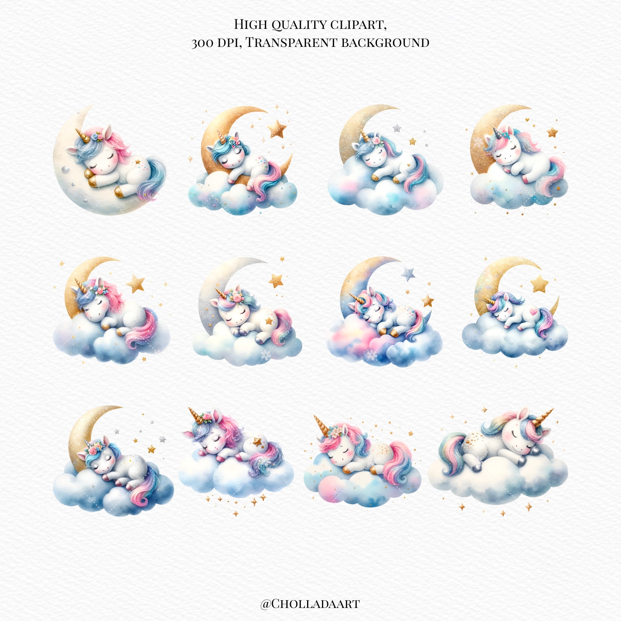 Watercolor Sleepy Unicorn Clipart, Sleepy Unicorn Clipart, Cute Unicorn ...