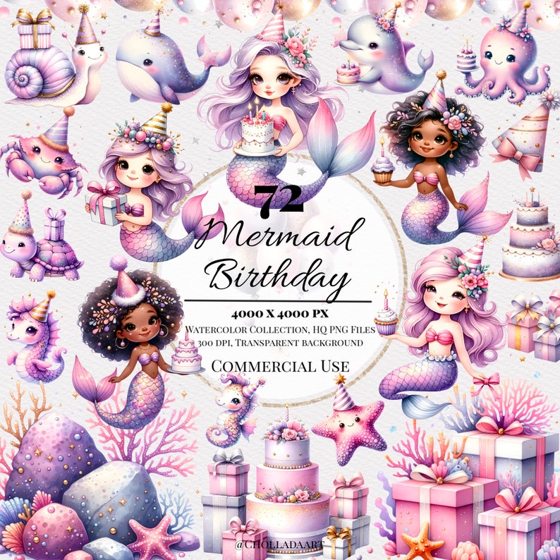 Mermaid Birthday Watercolor Clipart, Cute Mermaid Clipart, Mermaid ...