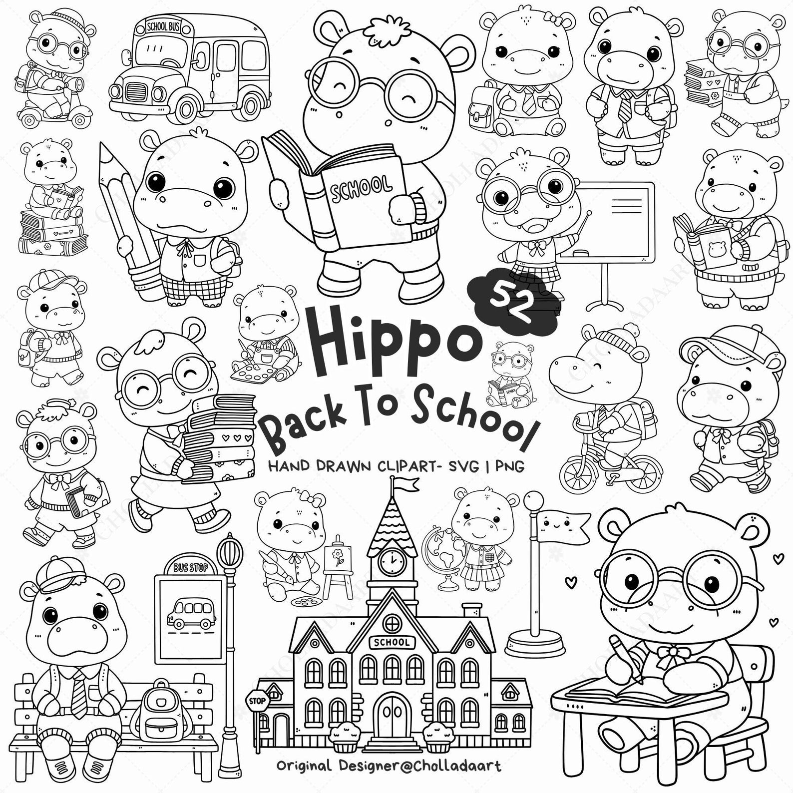 Hippo Back to School SVG Bundle, Hippo SVG, Hippopotamus Clipart, Back ...