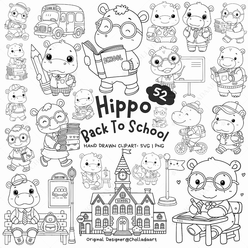 Hippo Back to School SVG Bundle, Hippo SVG, Hippopotamus Clipart, Back ...