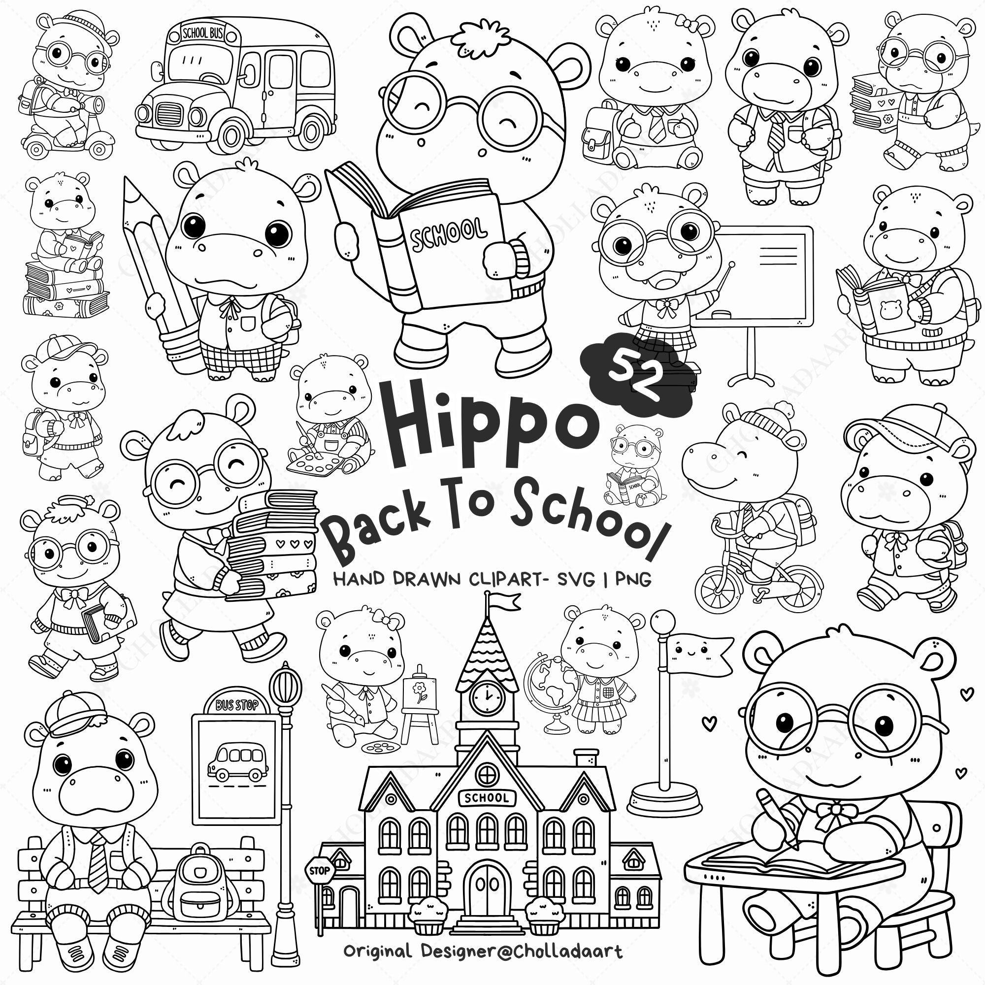 Hippo Back to School SVG Bundle, Hippo SVG, Hippopotamus Clipart, Back ...