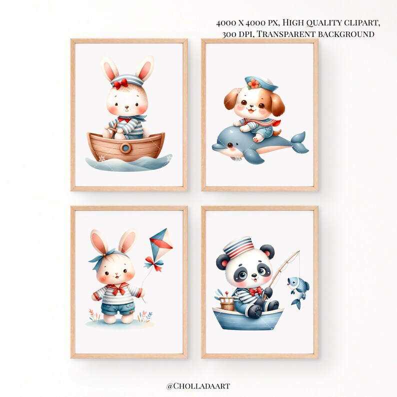 Watercolor Happy Sailor Clipart, Cute Sailor Animals Clipart, Nautical ...