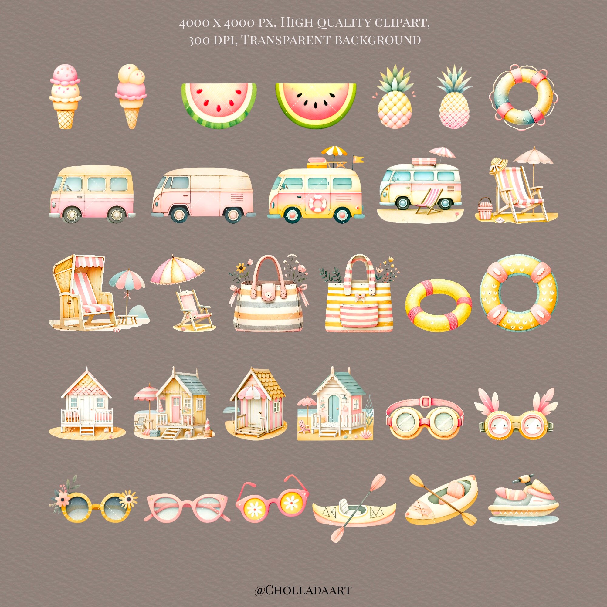 Watercolor Hello Summer Clipart, Watercolor Summer Clipart, Summer ...