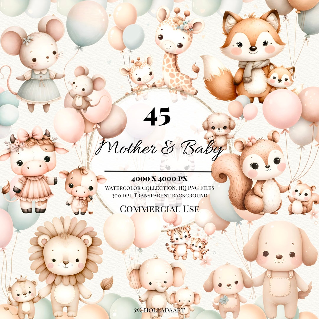 Watercolor Mother and Baby Animals Clipart, Animal Clipart, Mom and ...