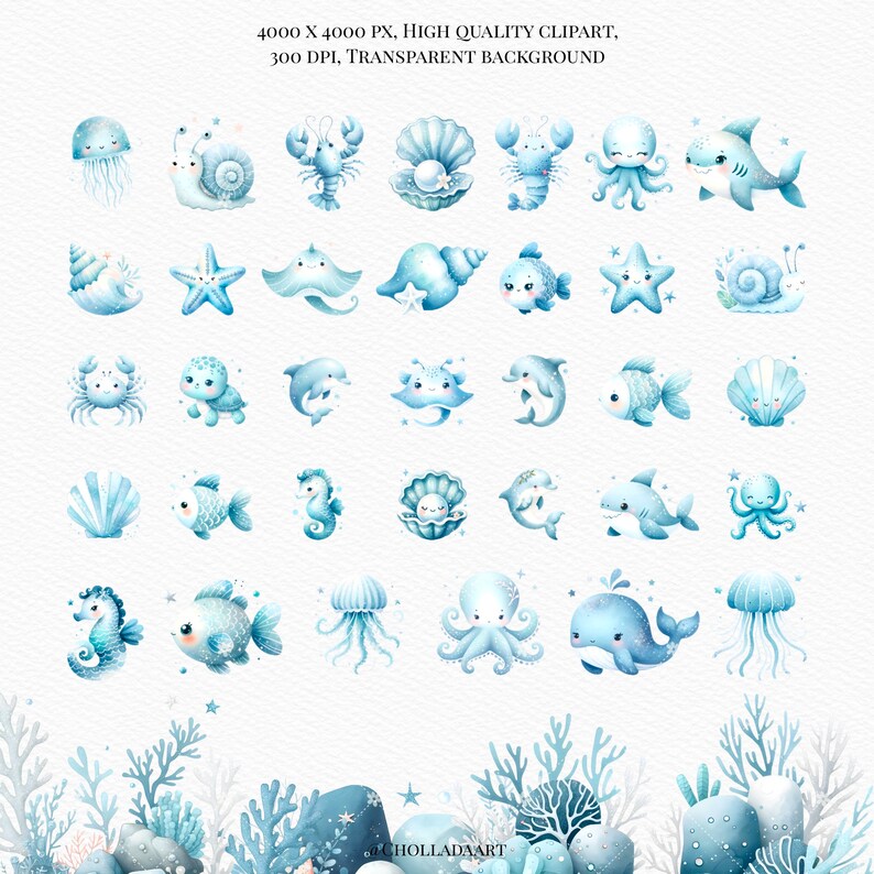 Under the Sea Clipart, Little Sea Animals Clipart, Undersea Watercolor ...