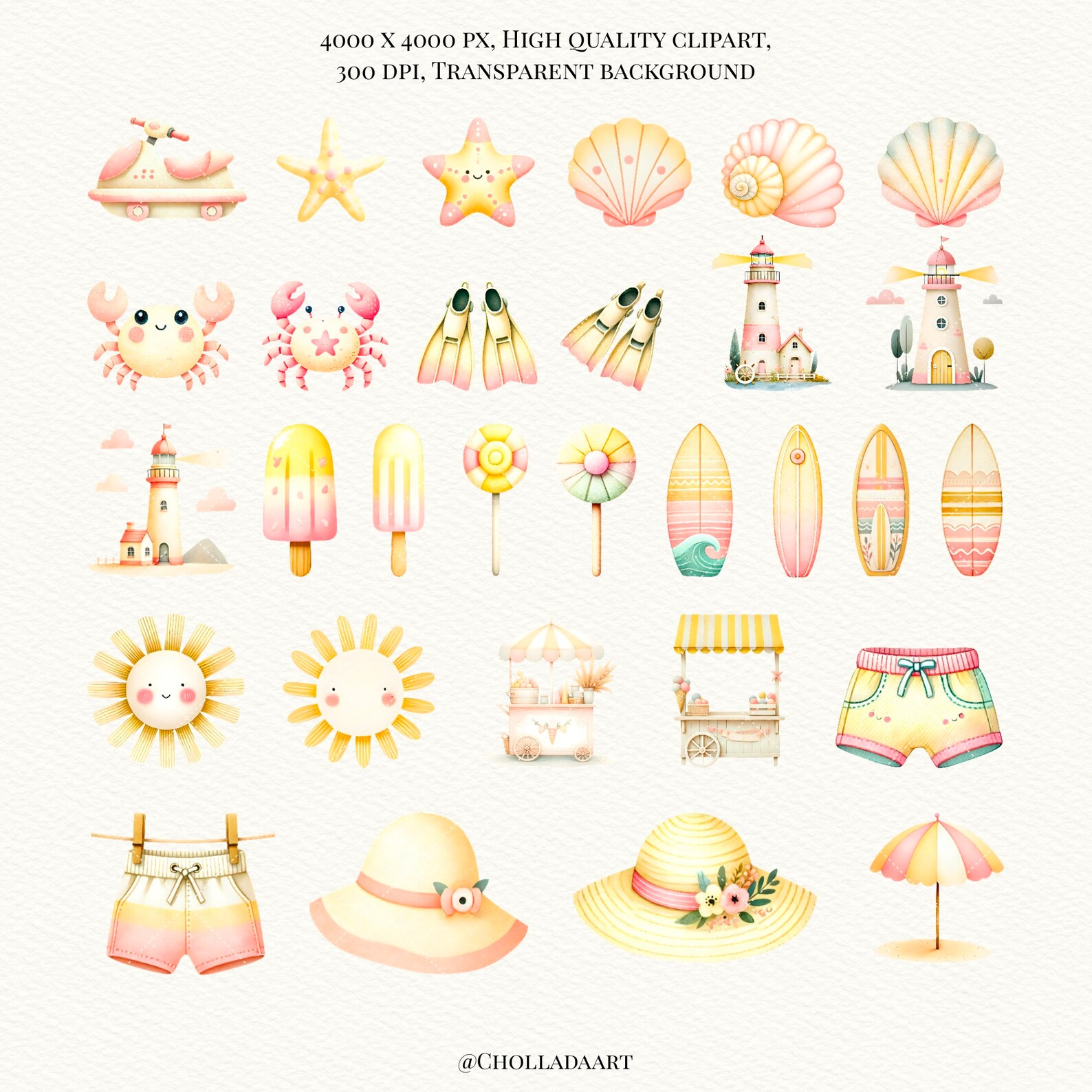 Watercolor Hello Summer Clipart, Watercolor Summer Clipart, Summer ...