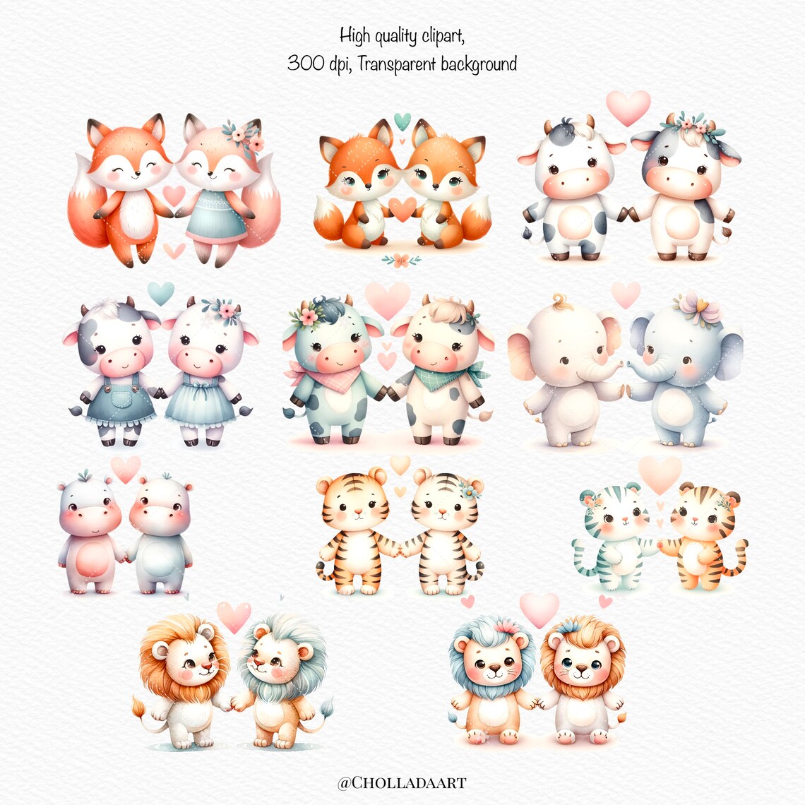 Couple Animal Loving Clipart, Cute Animal Valentine Clipart, Love ...