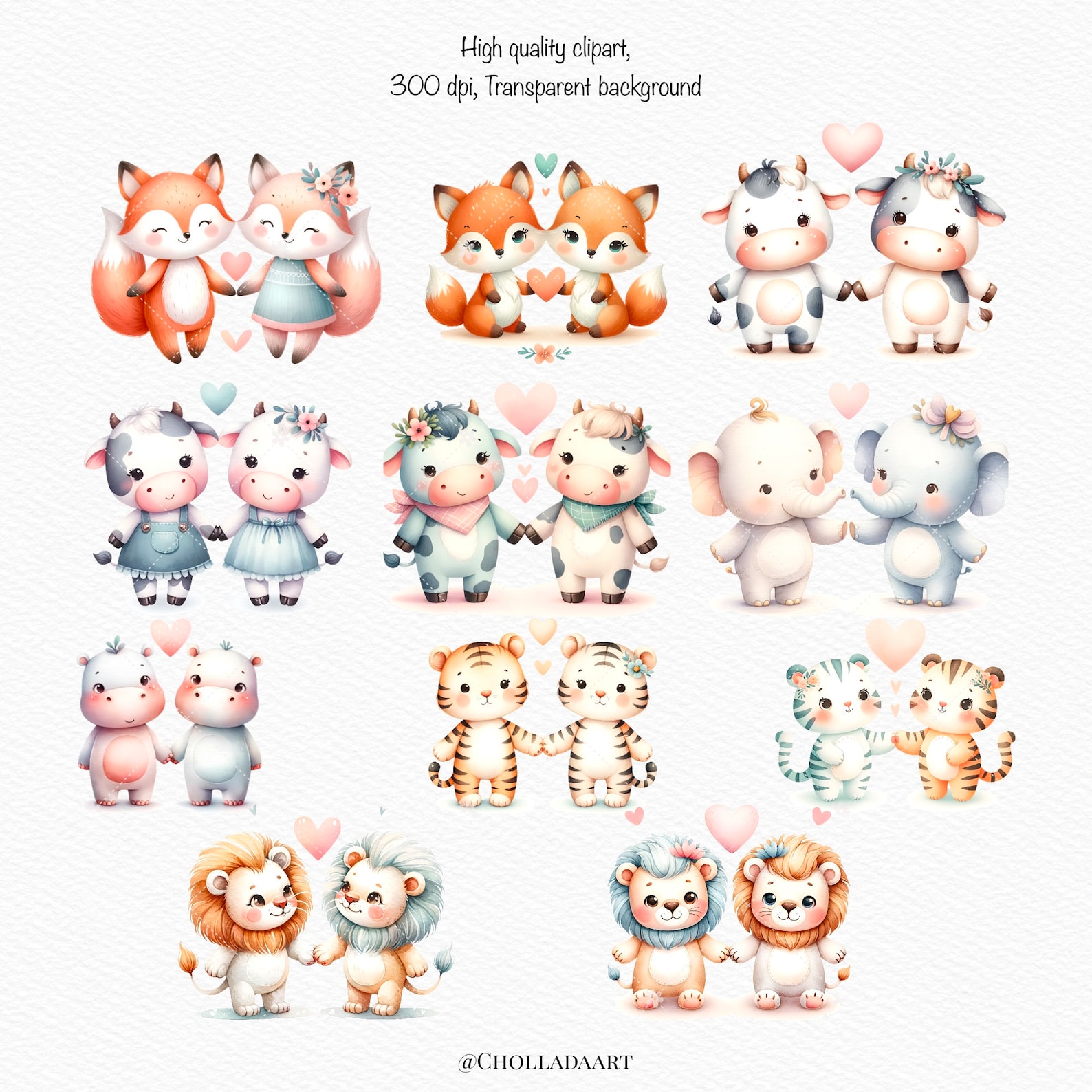 Couple Animal Loving Clipart, Cute Animal Valentine Clipart, Love ...