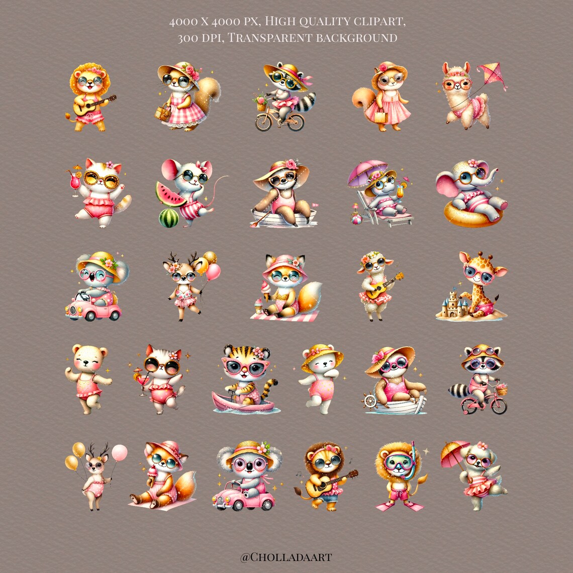 Hello Summer Animals Clipart, Watercolor Summer Animals Clipart, Summer ...