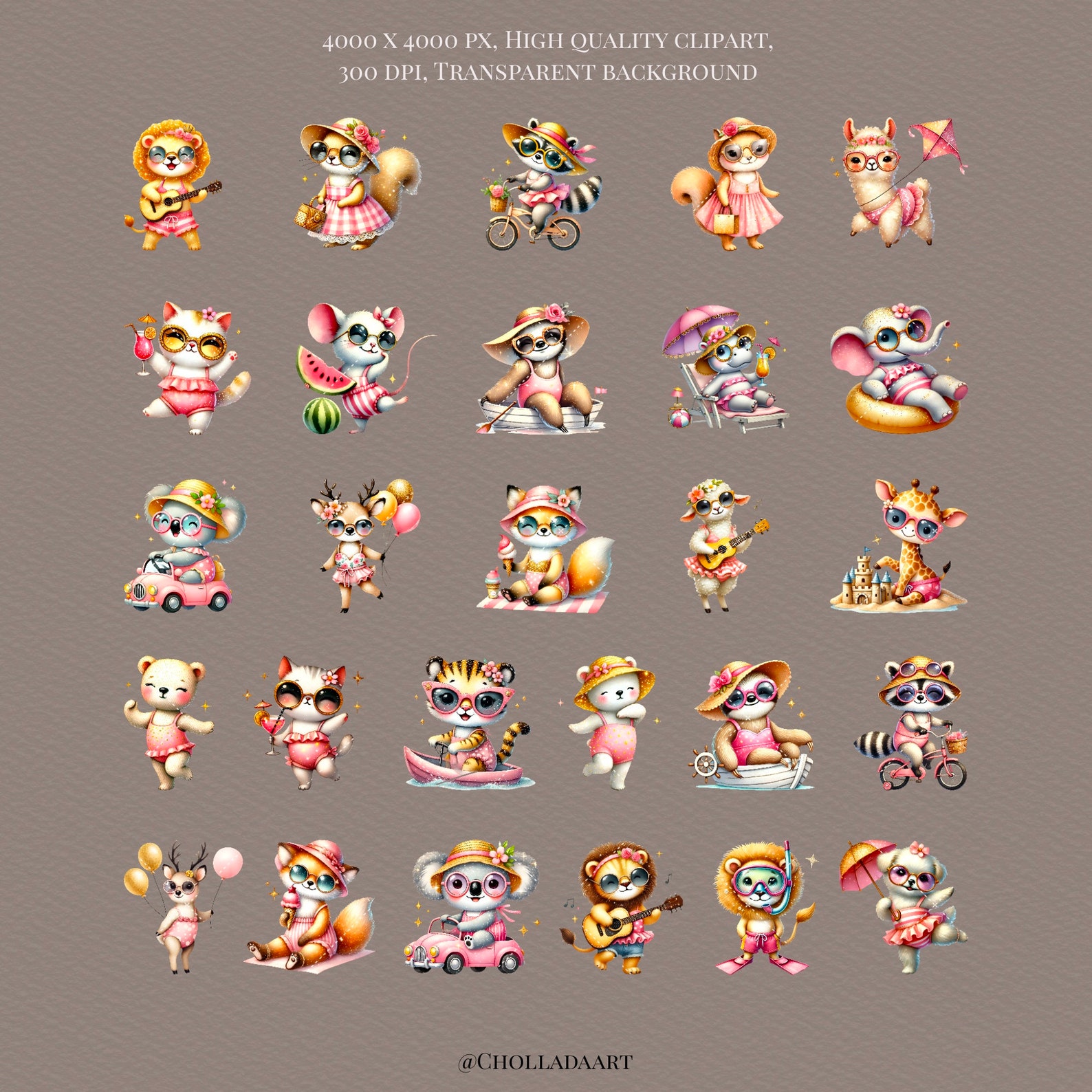 Hello Summer Animals Clipart, Watercolor Summer Animals Clipart, Summer ...