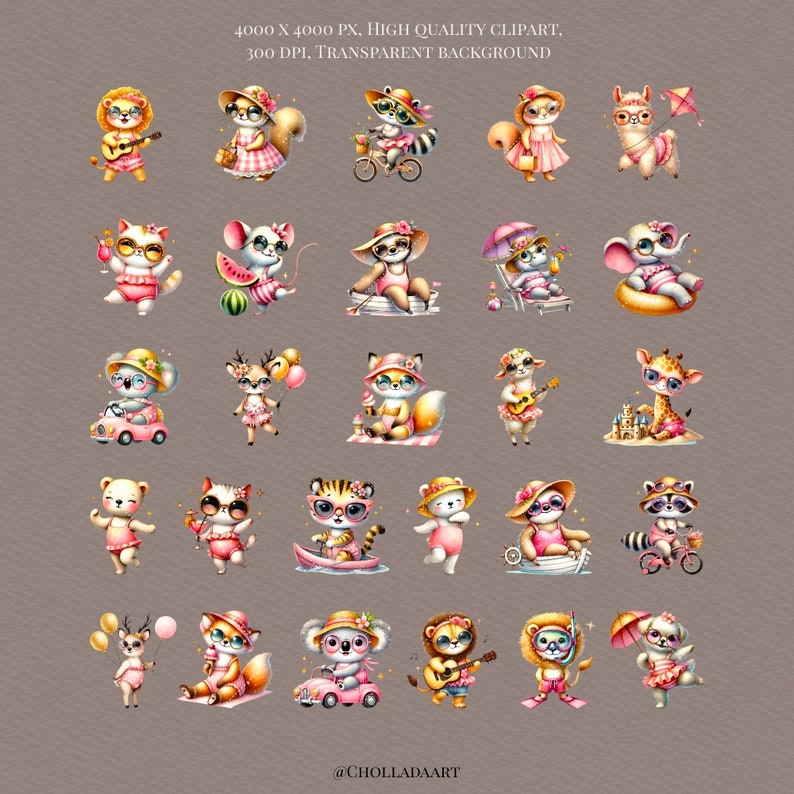 Hello Summer Animals Clipart, Watercolor Summer Animals Clipart, Summer ...