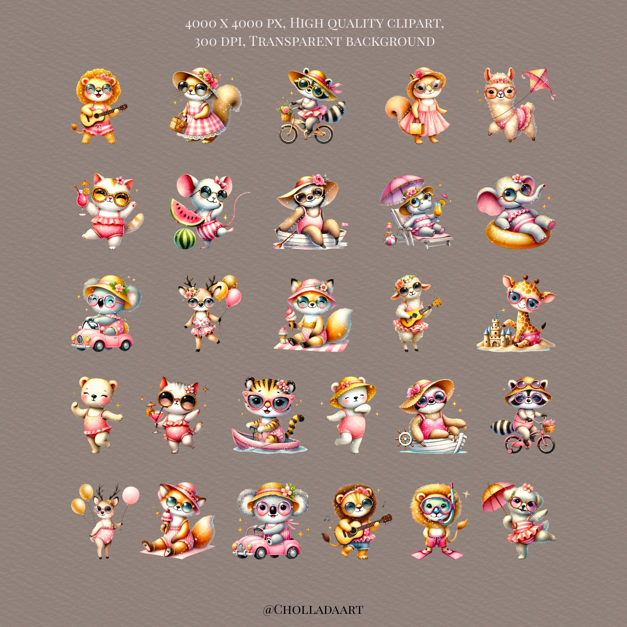 Hello Summer Animals Clipart, Watercolor Summer Animals Clipart, Summer ...