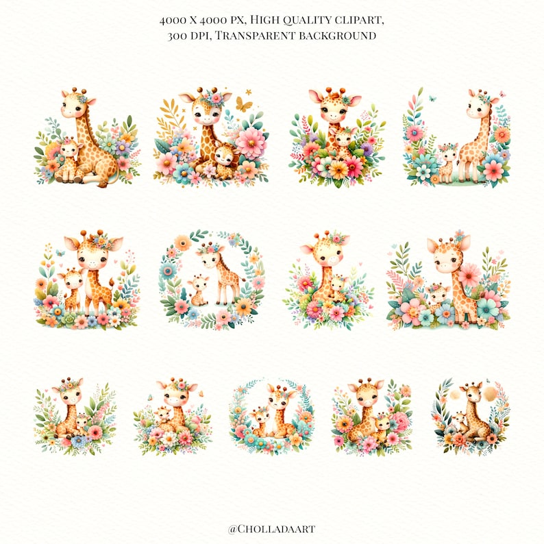 Watercolor Mother and Baby Giraffe Clipart, Giraffe Clipart, Baby ...