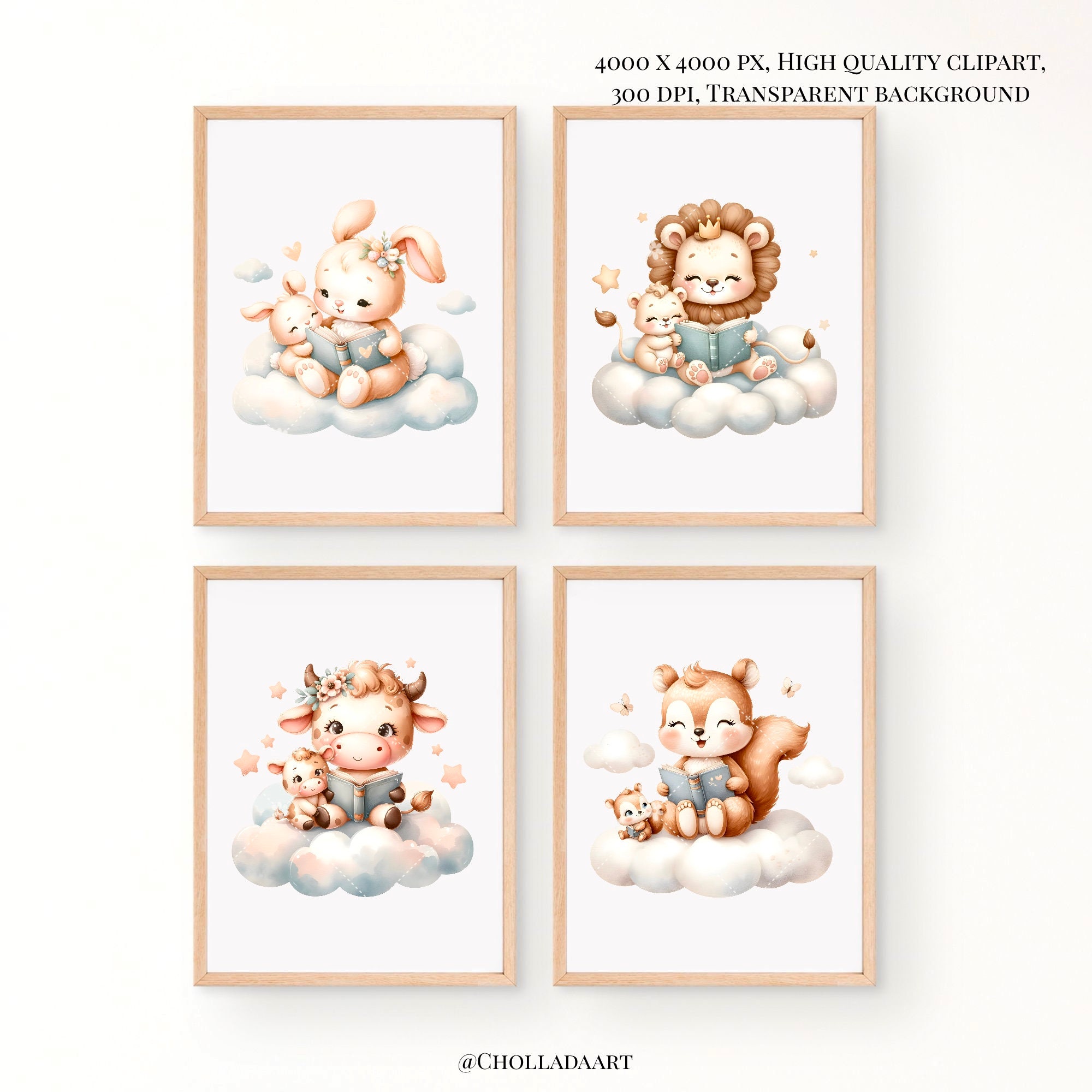 Watercolor Cute Mom and Baby Animals Clipart, Animals Reading Book ...