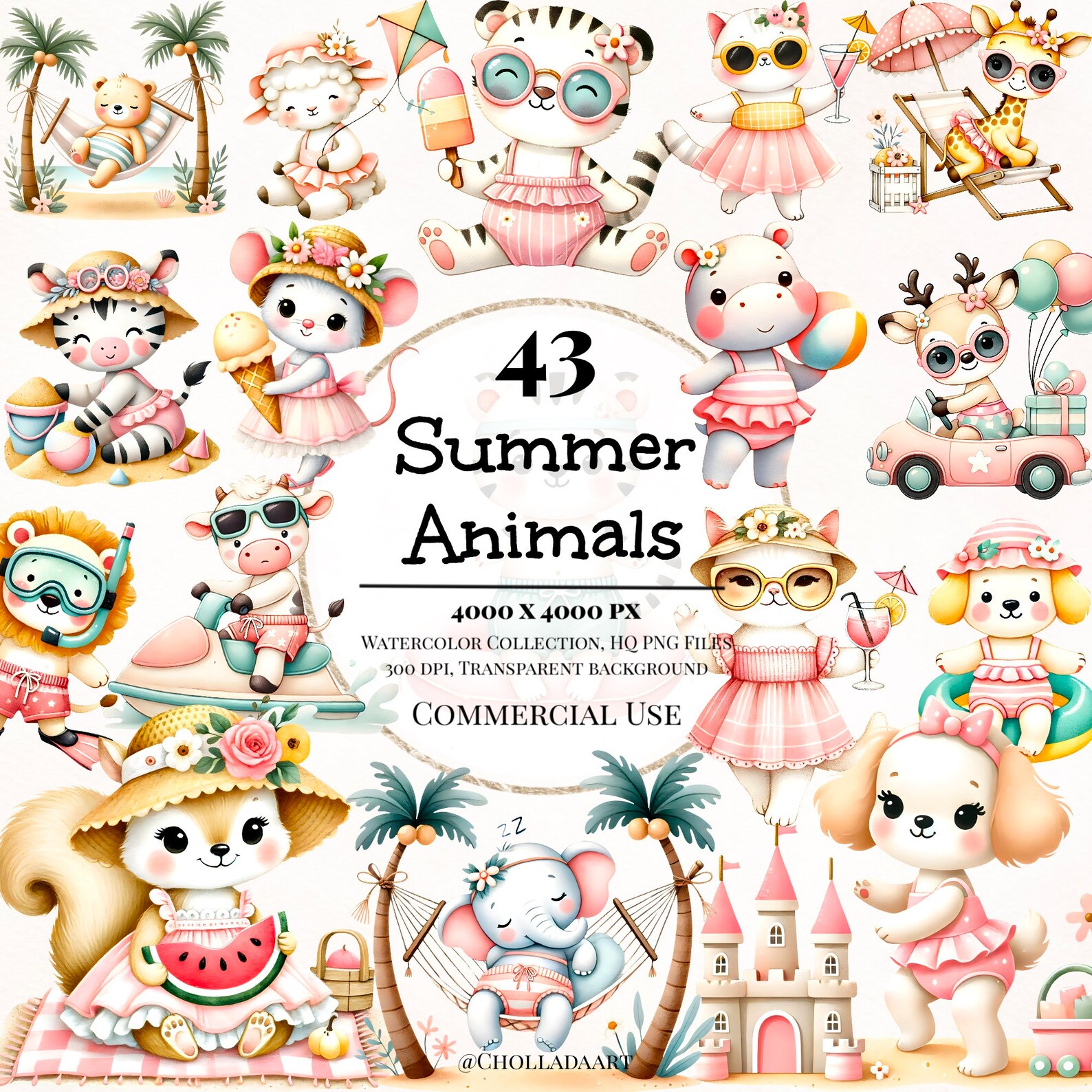 Watercolor Summer Animals Clipart, Summer Animals Clipart, Watercolor ...