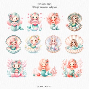 Cute Mermaid Clipart, Watercolor Cute Mermaid Clipart Png, Mermaid ...