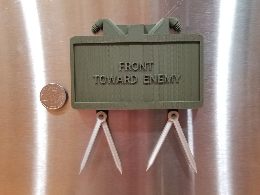 3D Printed M18A1 Claymore Mine Refrigerator Magnet With Poseable Movable Stakes Front Towards ...