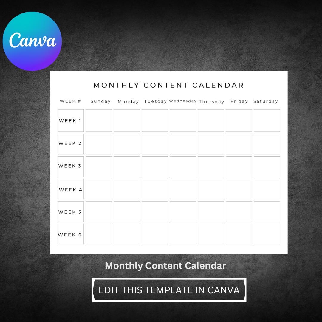 Monthly Content Calendar Template, Canva Editable, Printable Social ...